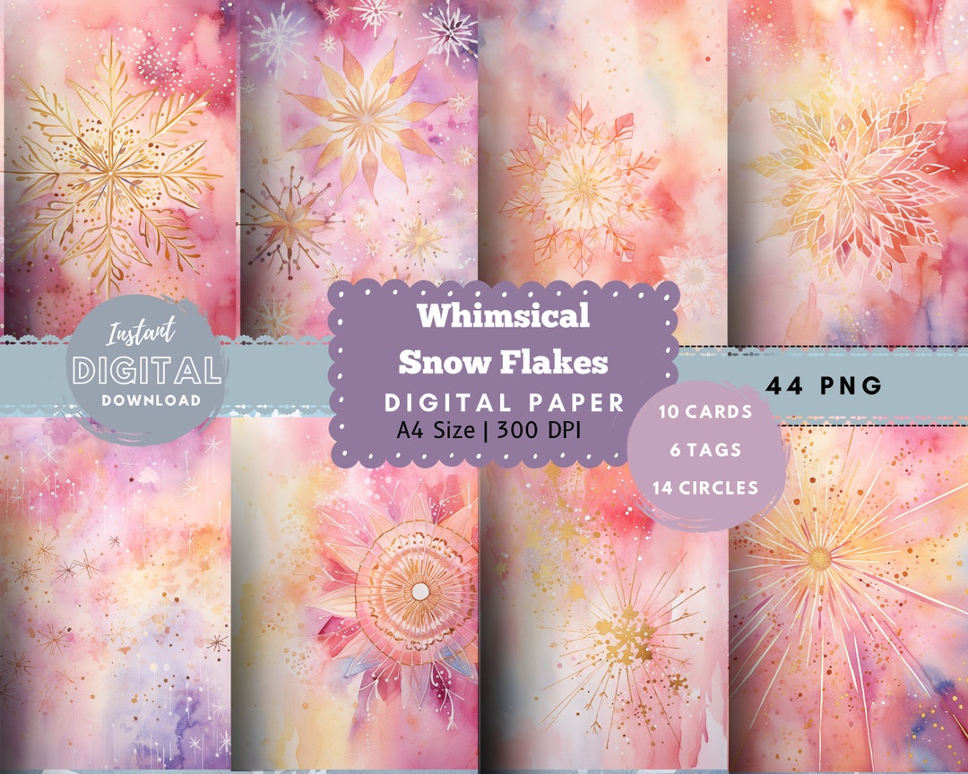 Snowflake Fantasy Diary Pink Christmas Snowflake Digital Paper Snowflake Junk Journal Pages ...