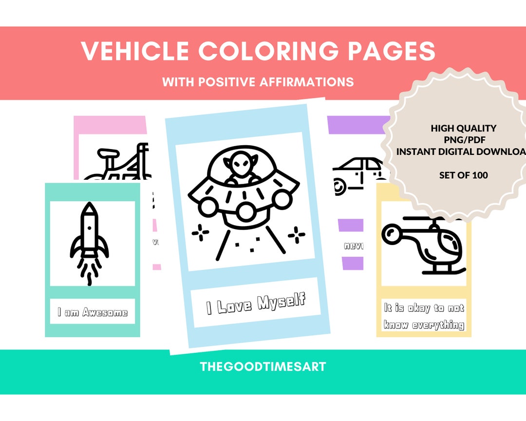 Vehicle Digital Coloring Book for Kids, Positive Affirmation, Cute ...