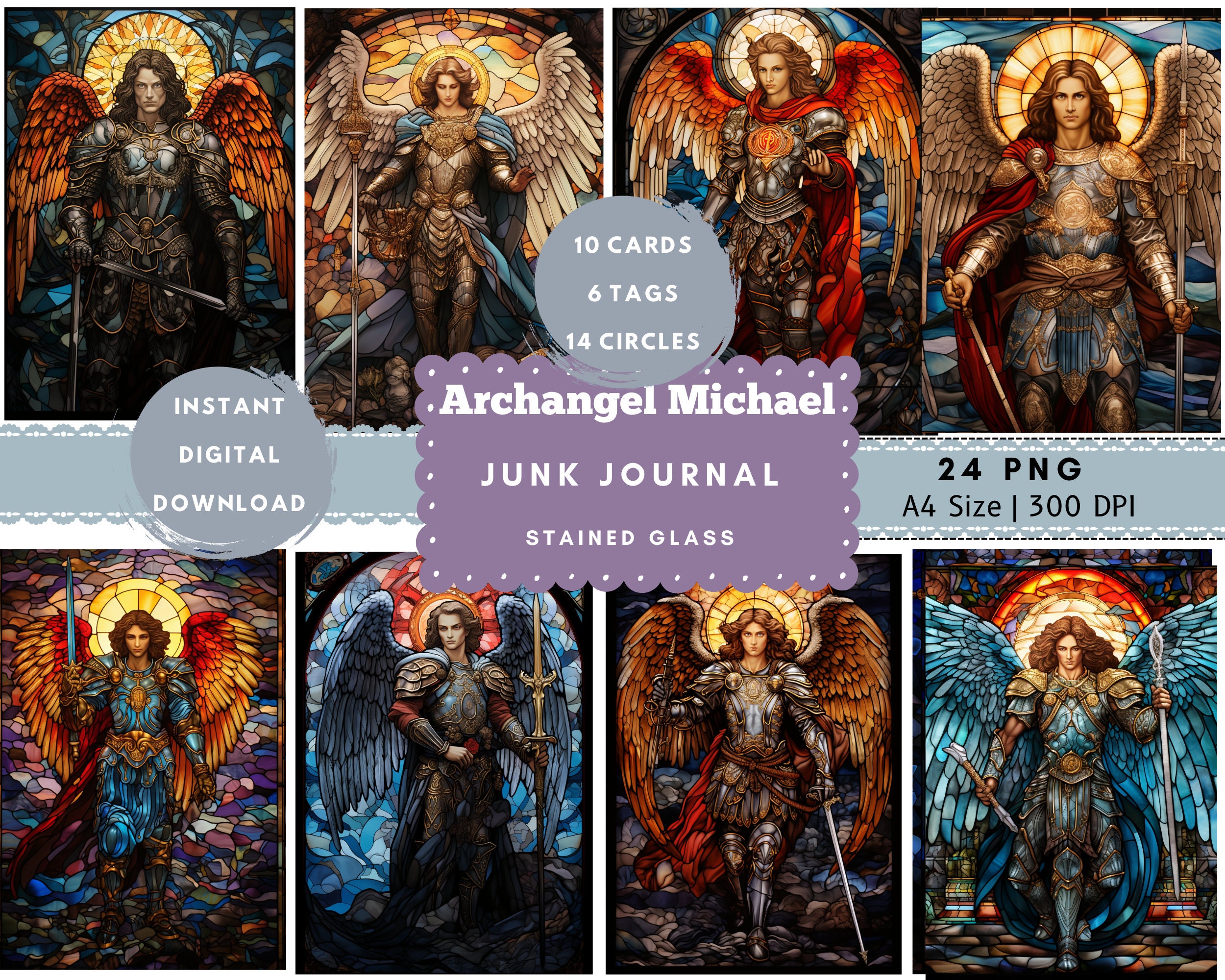 Archangel Michael Stained Glass Junk Journal Pages Bundle Stained Glass ...