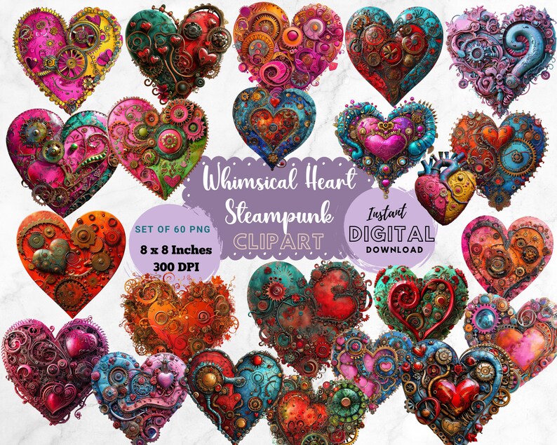 Whimsical Heart Clipart PNG Heart Clipart Bundle Steampunk Heart ...