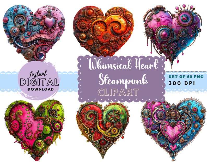 Whimsical Heart Clipart PNG Heart Clipart Bundle Steampunk Heart ...