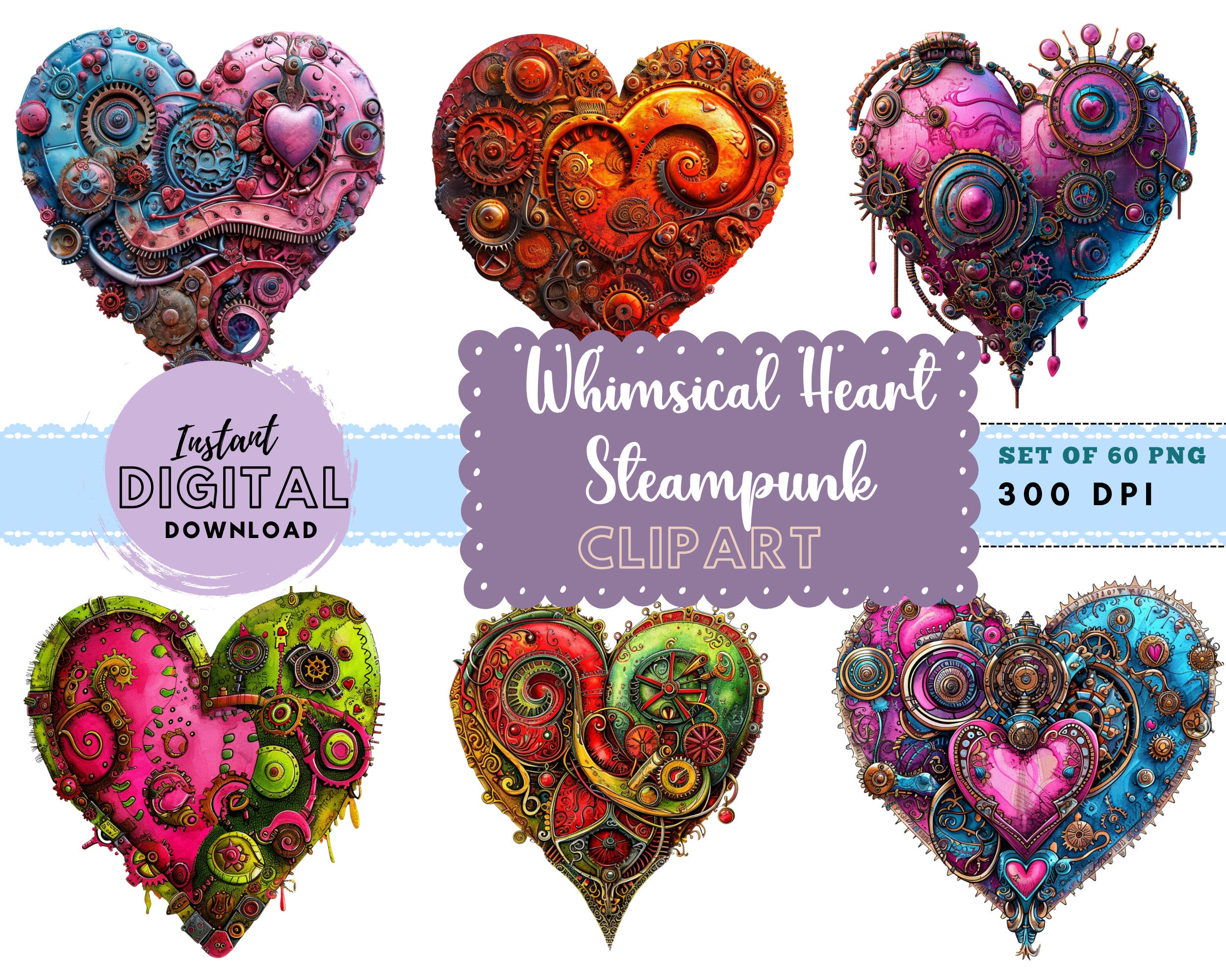 Whimsical Heart Clipart PNG Heart Clipart Bundle Steampunk Heart ...