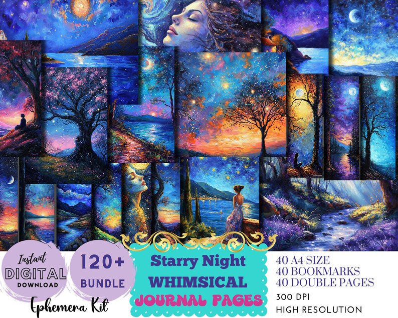 Whimsical Starry Night Junk Journal Kit Ephemera, ATC, Bookmarks ...