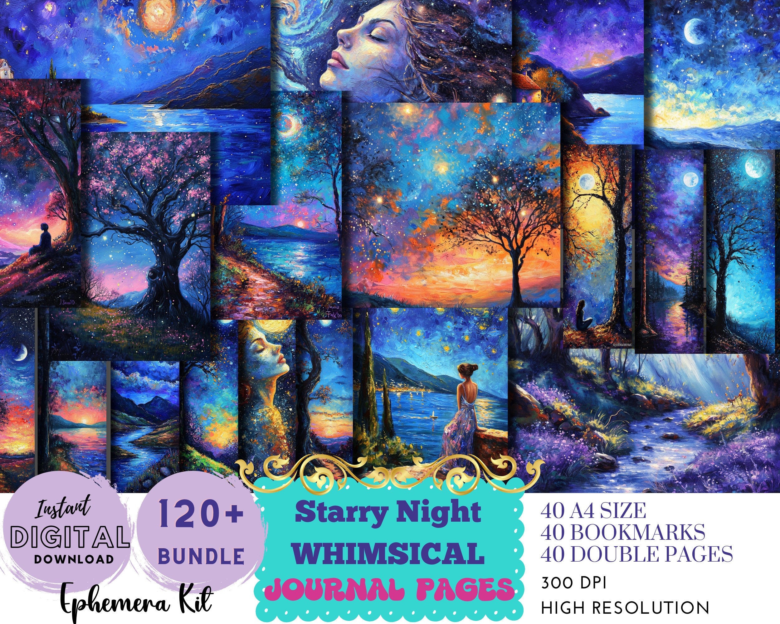 Whimsical Starry Night Junk Journal Kit Ephemera, ATC, Bookmarks ...