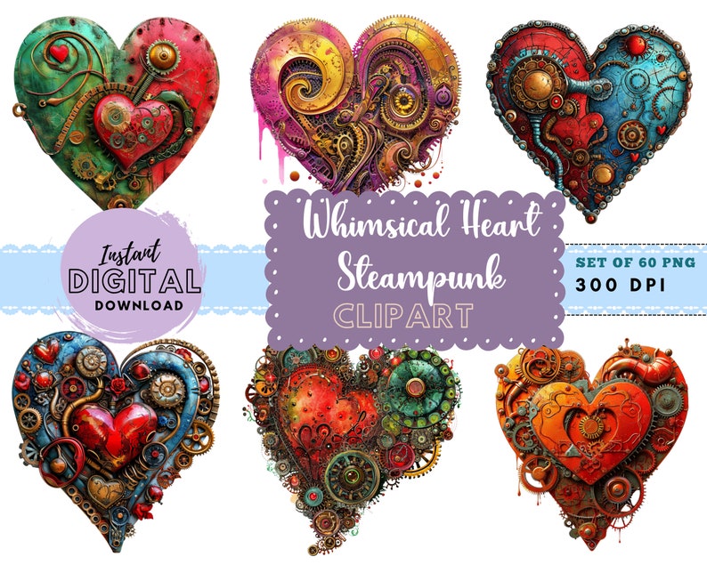 Whimsical Heart Clipart PNG Heart Clipart Bundle Steampunk Heart ...