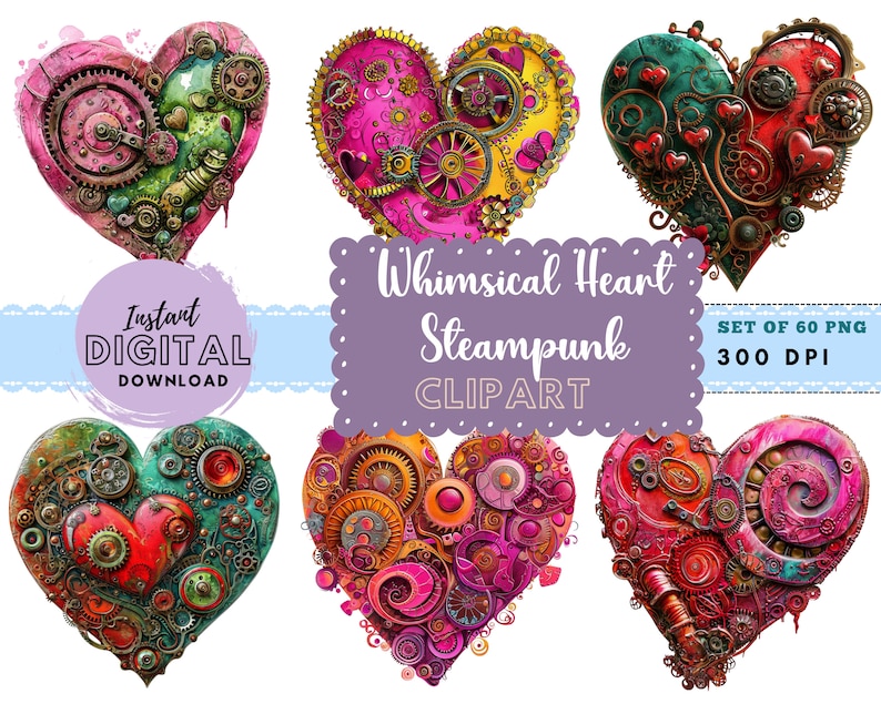 Whimsical Heart Clipart PNG Heart Clipart Bundle Steampunk Heart ...