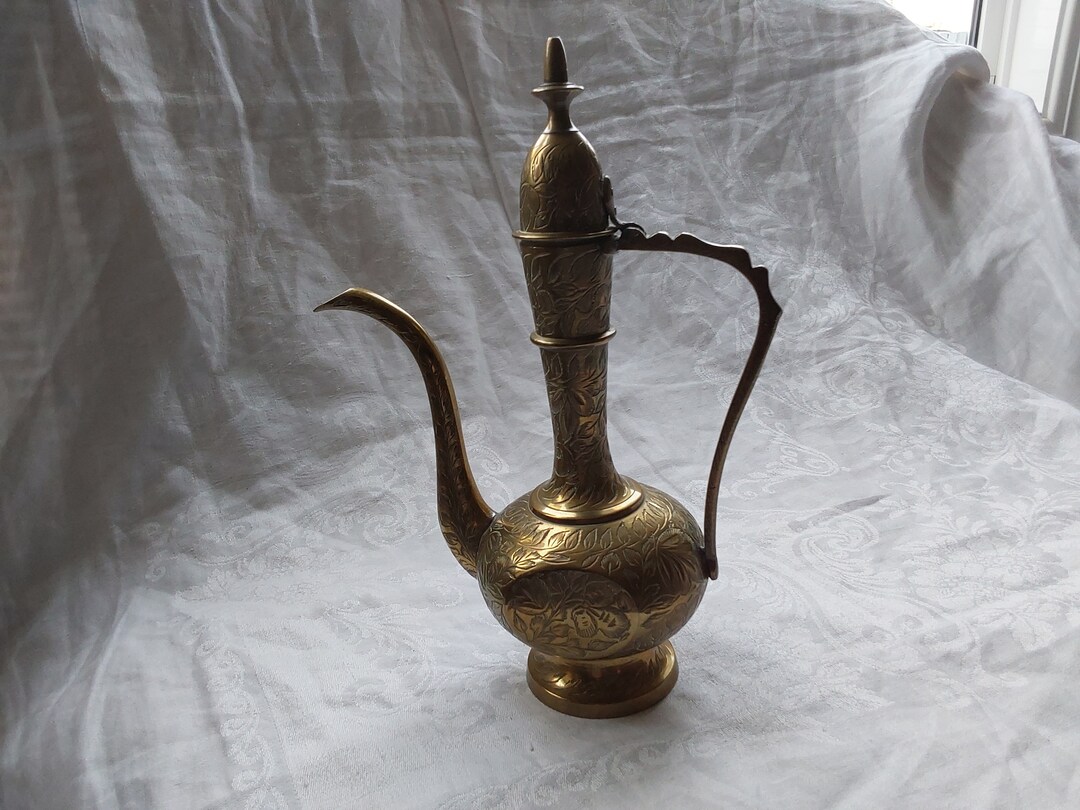 Vintage Brass Coffee Pot Ewer Richly Etched With Foliage From India ...