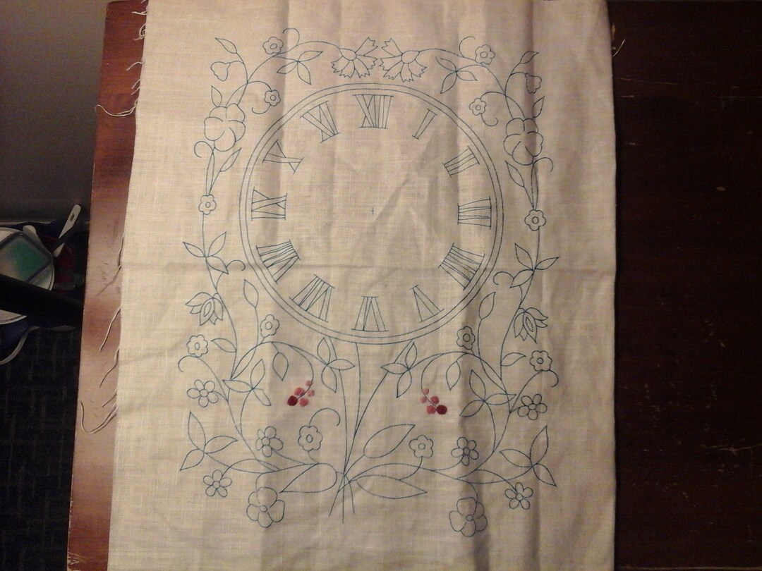 Crewel Clock Canvas and Wool Yarn 18 X 15 1/2 Inches Flowers Roman ...