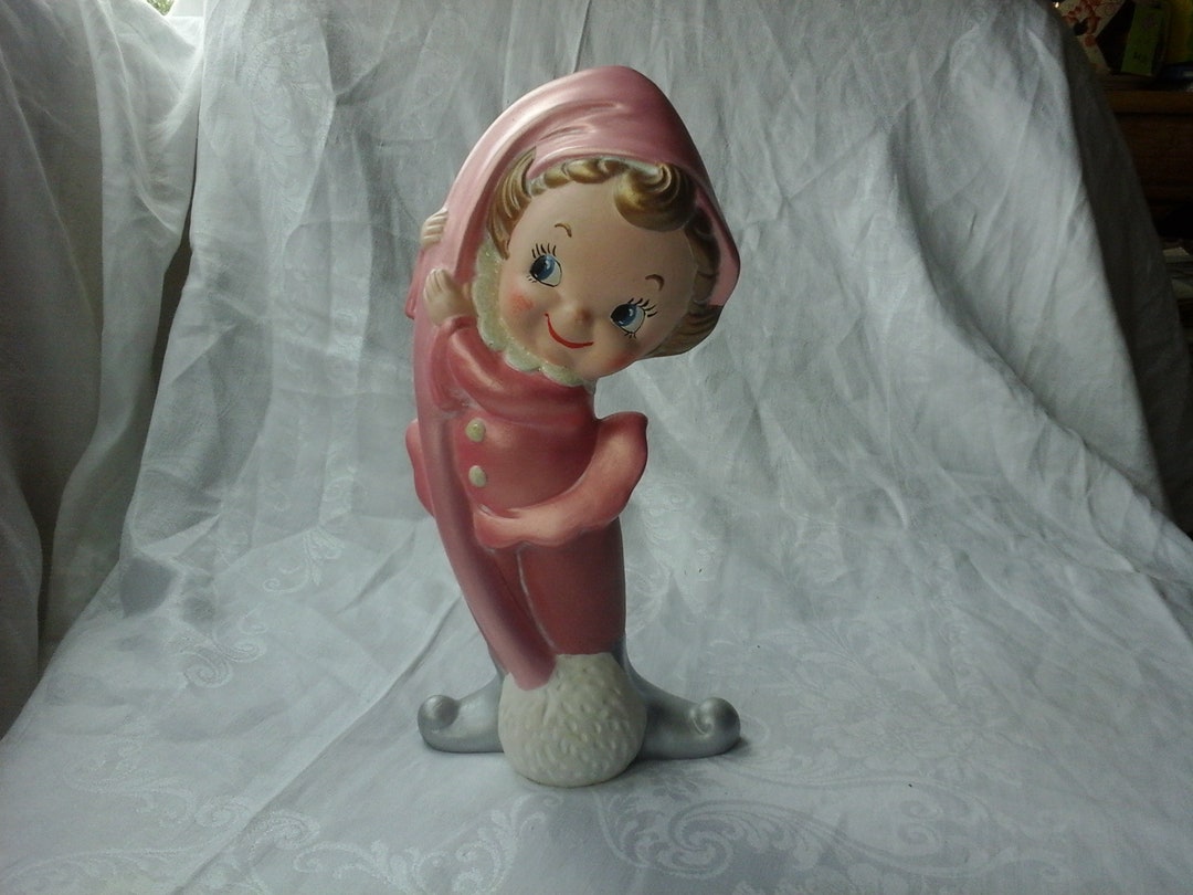 Vintage Ceramic Pink Girl Pixie Elf With Long Hat and Pompom Silver Shoes Hobbyist Piece by ...