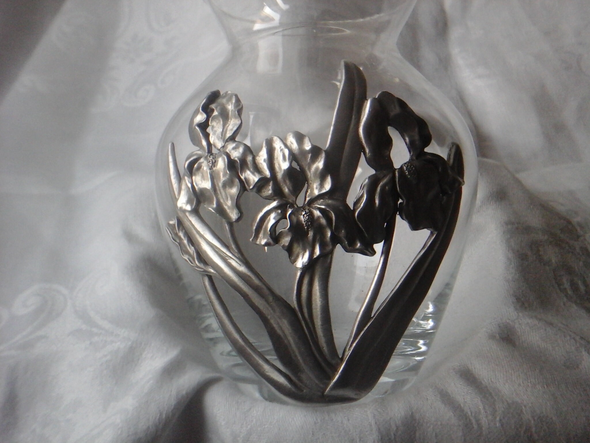 Seagull Pewter Clear Glass Vase With Pewter Irises 6 Inches Tall Dated 1992 Excellent Condition ...