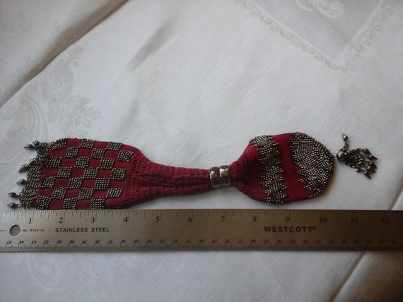 Antique handmade miser's purse burgundy with steel cu… - Gem
