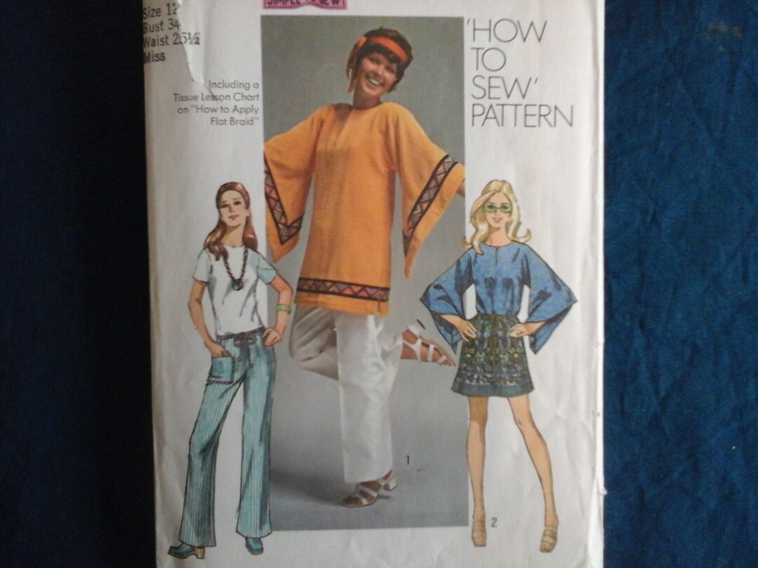 1970 Simplicity Sewing Pattern 9178 Tunic Top Kimono Sleeves EASY Size ...