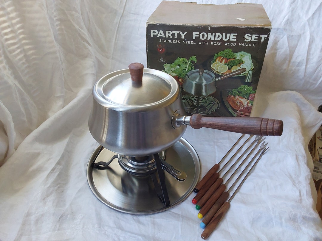 Vintage 1970s Stainless Steel Fondue Set With Wood Handle Tray and 6 ...
