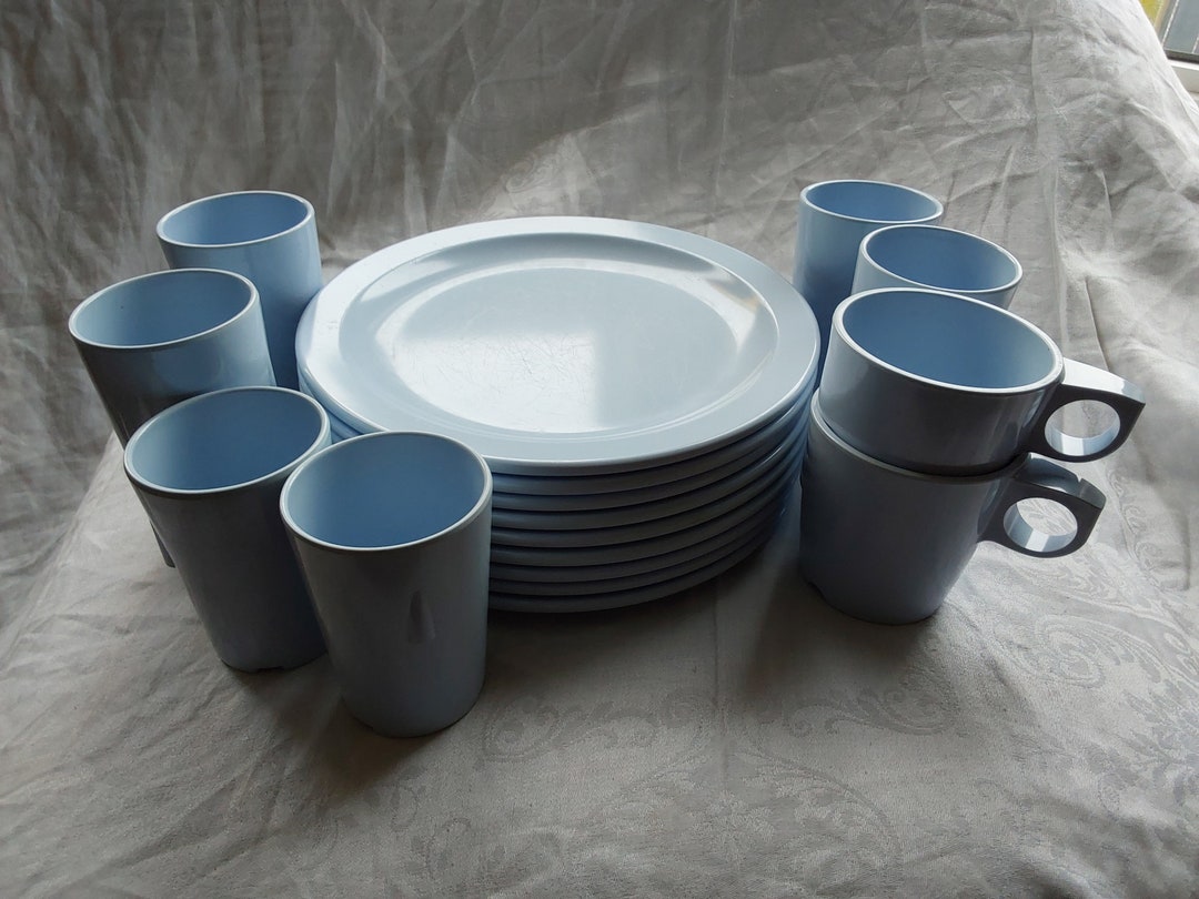 Vintage Light Blue Melmac Melamine 9 Plates 6 Stackable Glasses and 2 ...