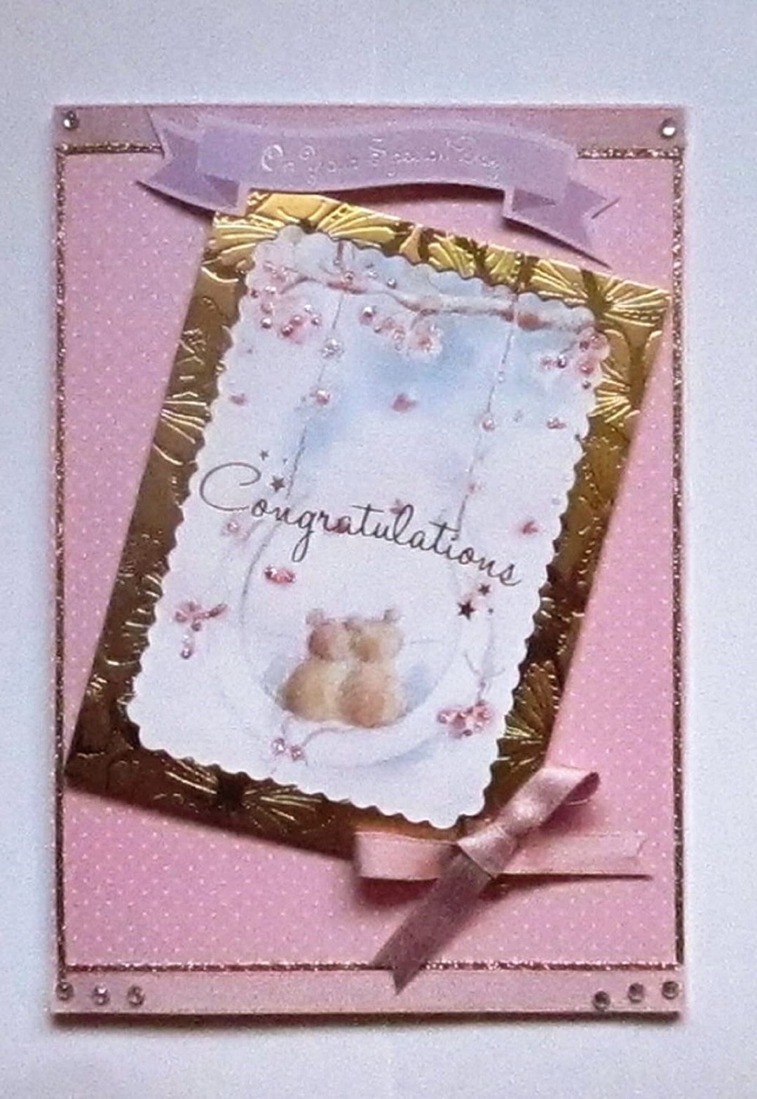 Pink Congratulations Card: Mice on Horseshoe, Gold Accents - Etsy