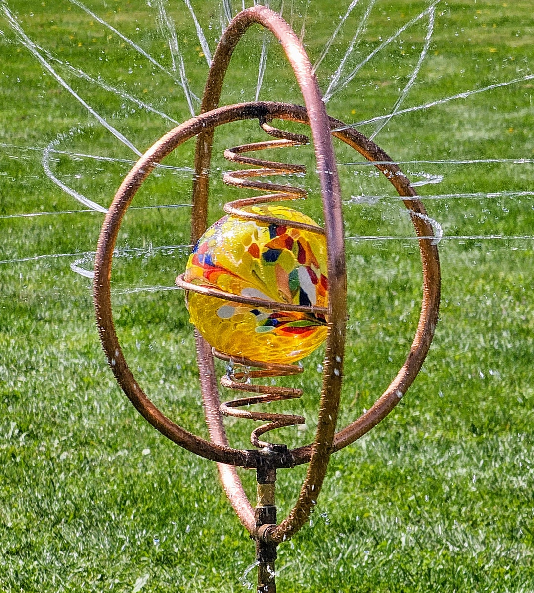 Garden Sprinkler, Copper, Yellow Blown Glass, Water Feature, Garden Art ...
