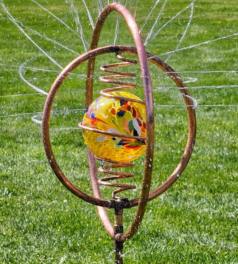 Garden Sprinkler, Copper, Yellow Blown Glass, Water Feature, Garden Art ...