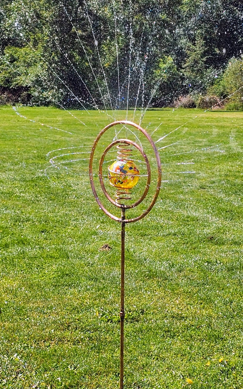 Garden Sprinkler, Copper, Yellow Blown Glass, Water Feature, Garden Art ...