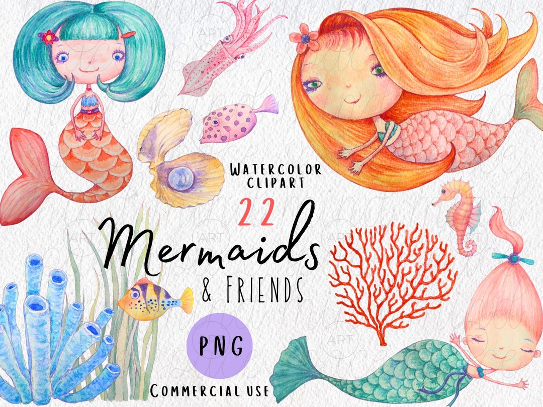 Cute Mermaids and Sea Animals Watercolor Clipart Png,watercolor ...