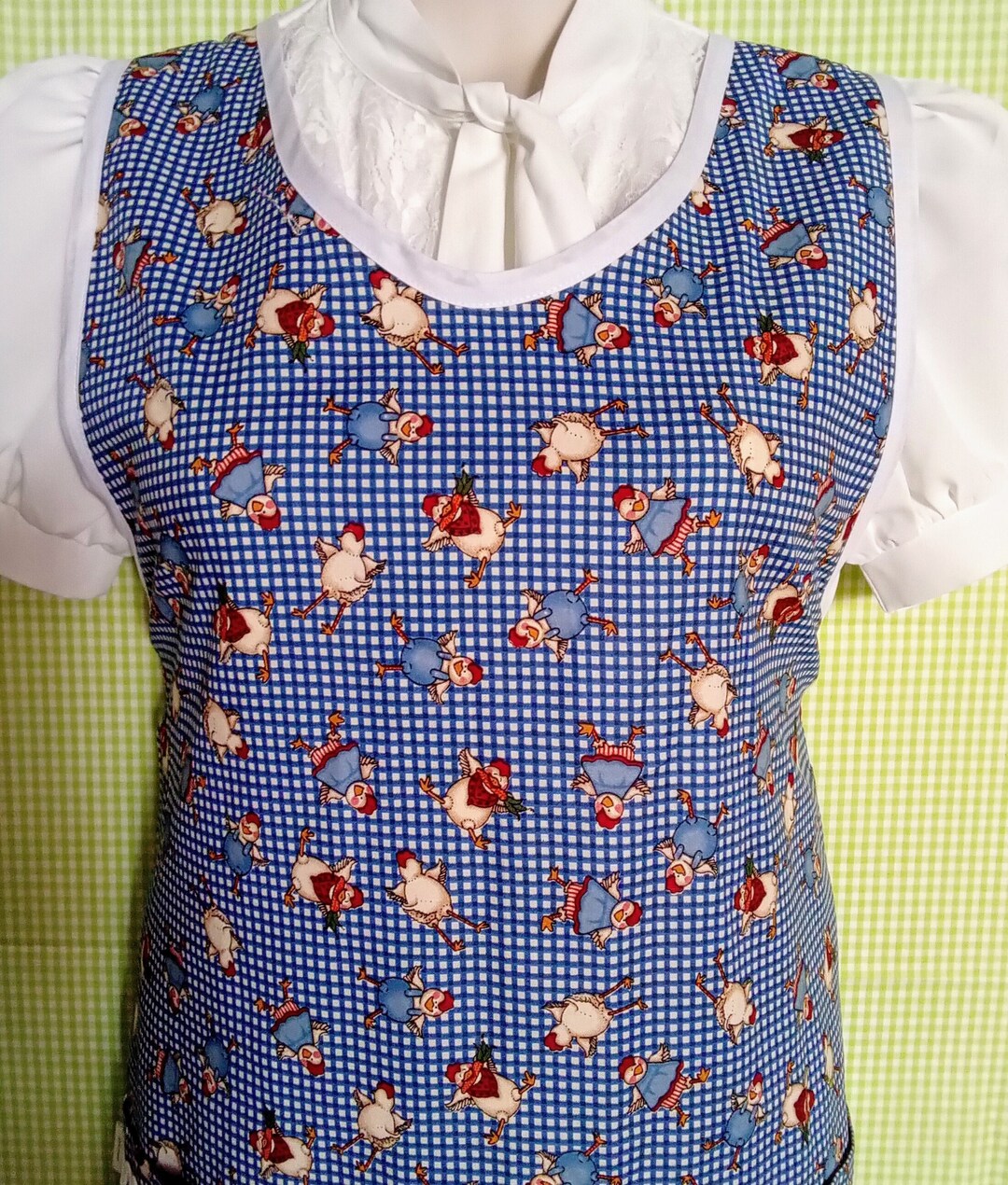 Vintage Style Full Apron, Blue and White, Wrap Around Apron, Red and ...
