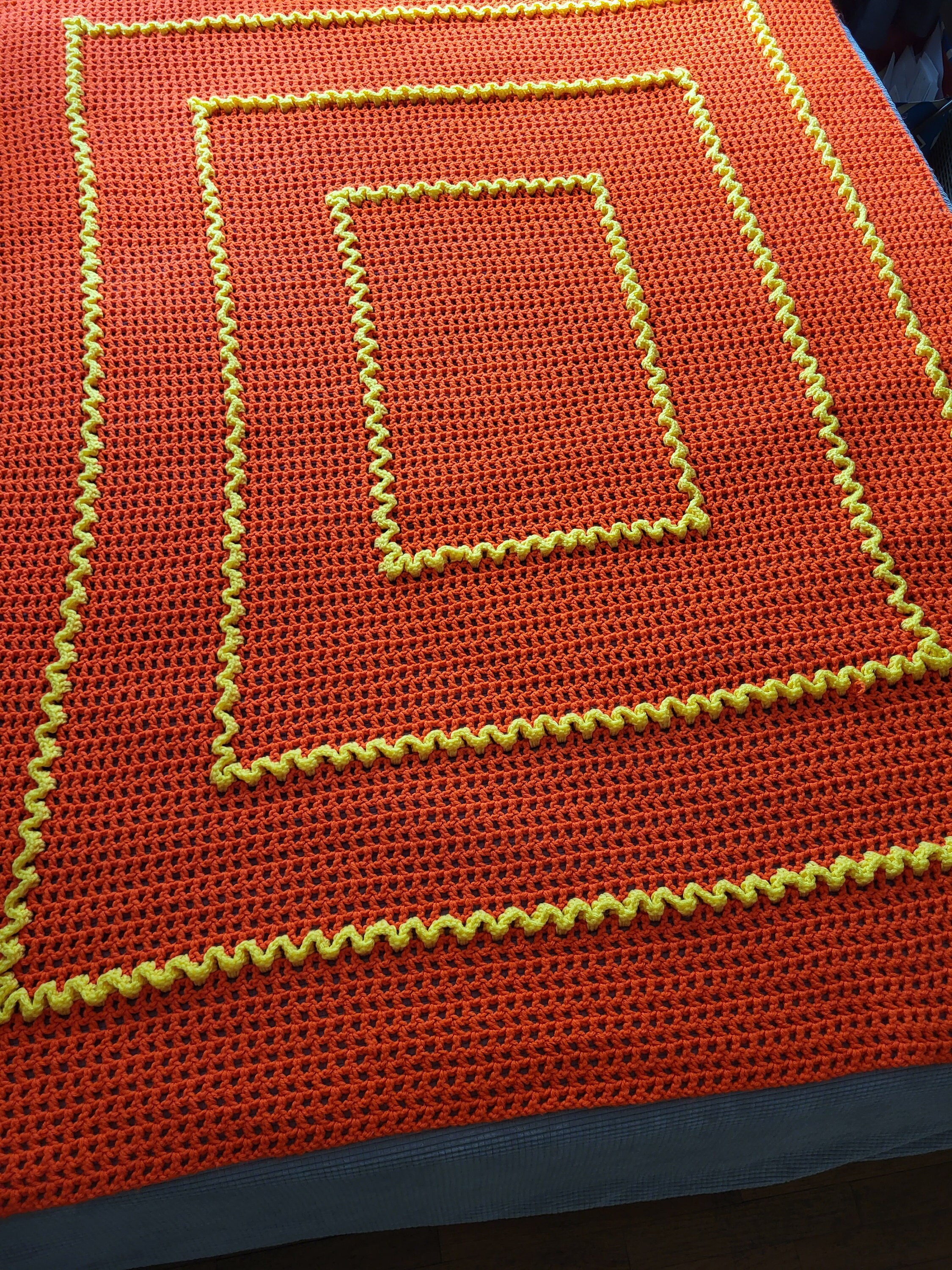 Amazing Flourecent Orange and Yellow Hand Crochet 72"×55" 70's Afghan ...