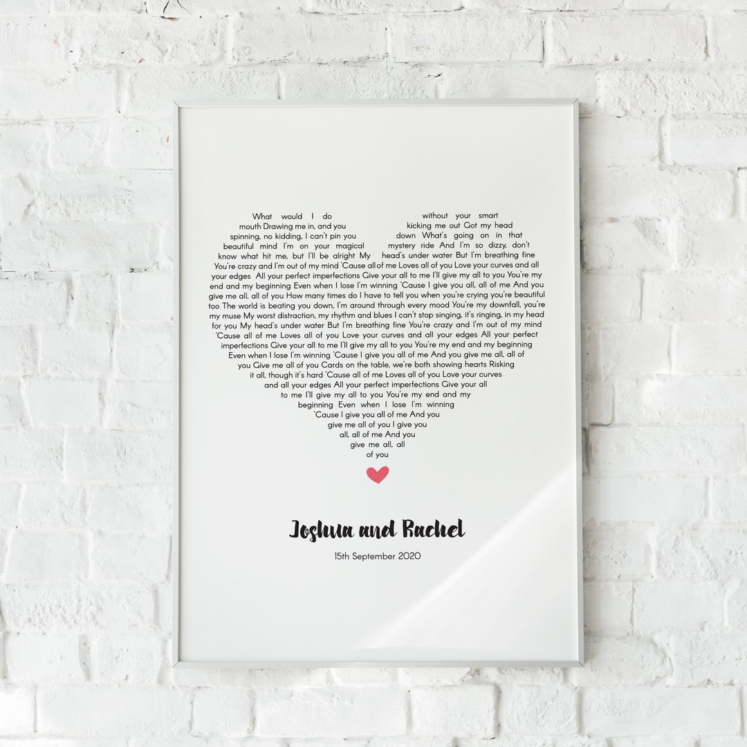 Song Lyrics In A Heart Shape Personalised Prints Etsy