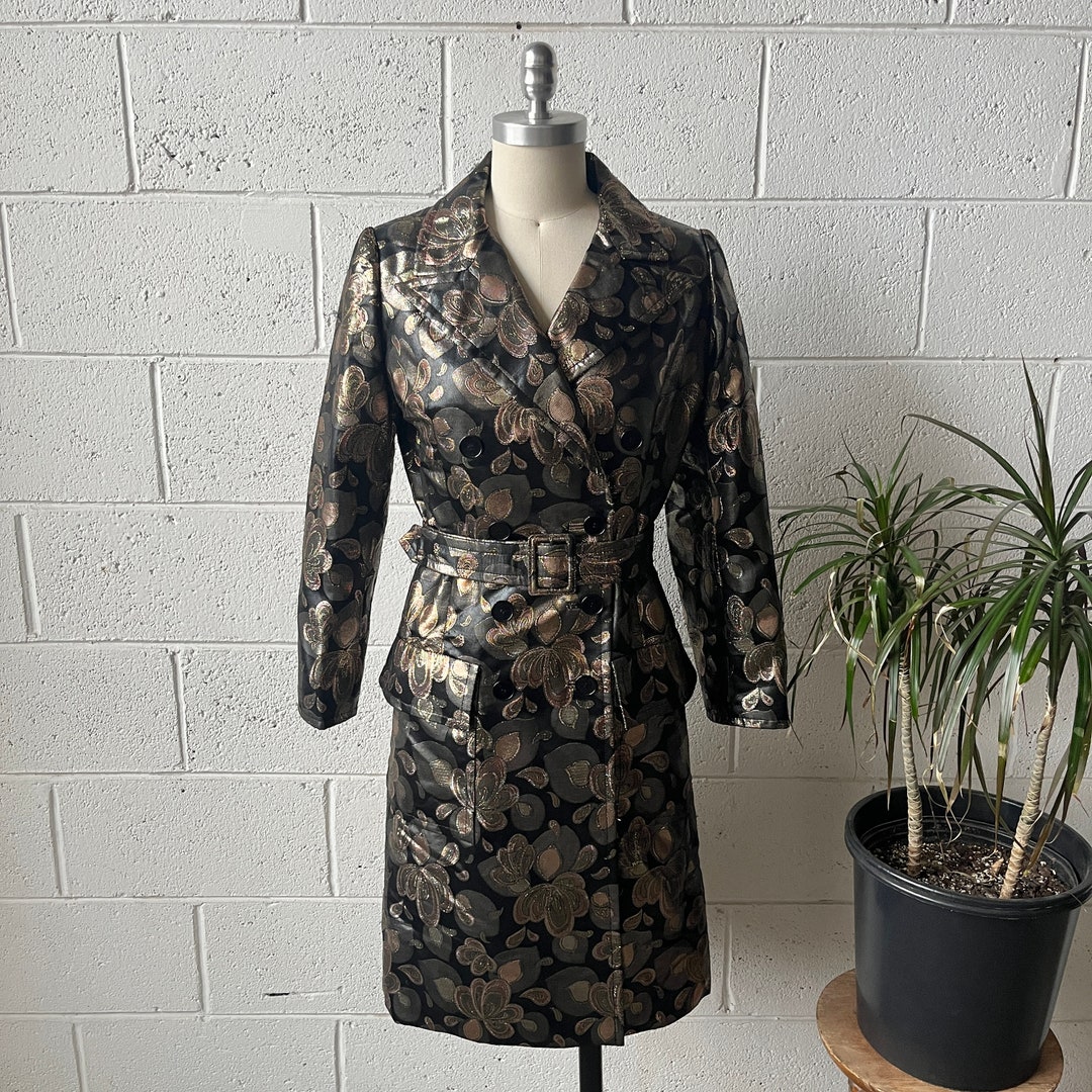 60s JOSTE Casablanca Black Pink Gold Lurex Floral Belted Double ...