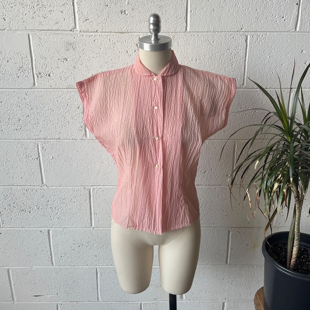 50s ARIGO OF MILWAUKEE Pastel Pink Puckered Nylon Peter Pan Collared ...