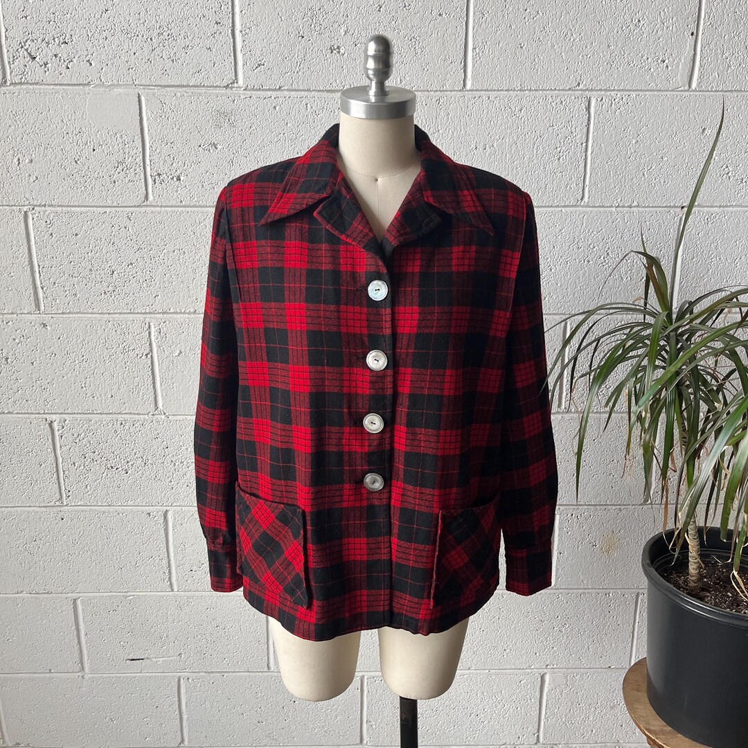 50s PENDLETON 49er Black Red Plaid Wool Flannel Womens Shirt Jacket Sz ...