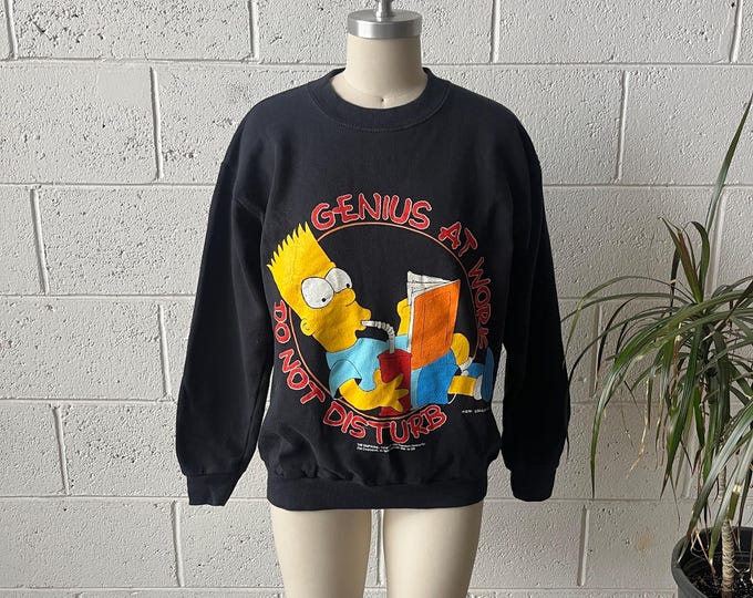 90s Vintage Bart Simpson “genius at Work” Black Graphic Cotton Crewneck Pullover Sweatshirt Sz S ...
