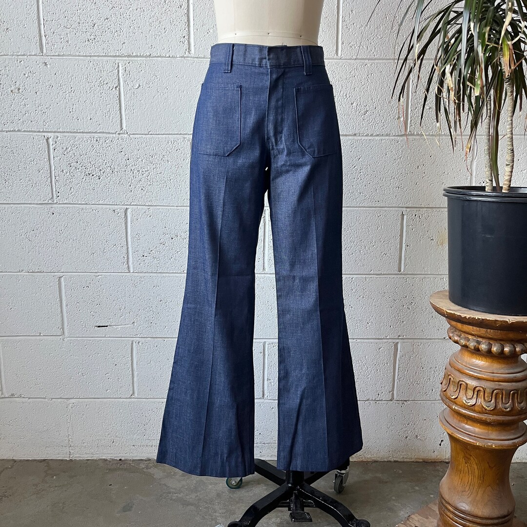 70s MANN Mid Rise Dark Washed Cotton Denim Patch Pocket Bell Bottom ...