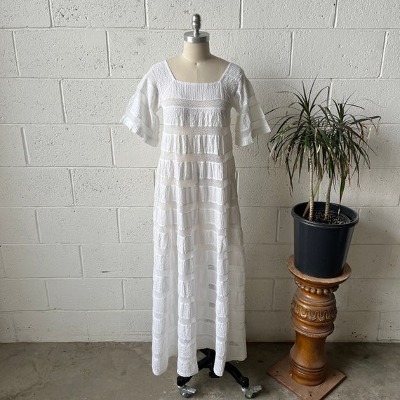 70s Vintage White Pintuck Crochet Mesh Mexican Cotton… - Gem
