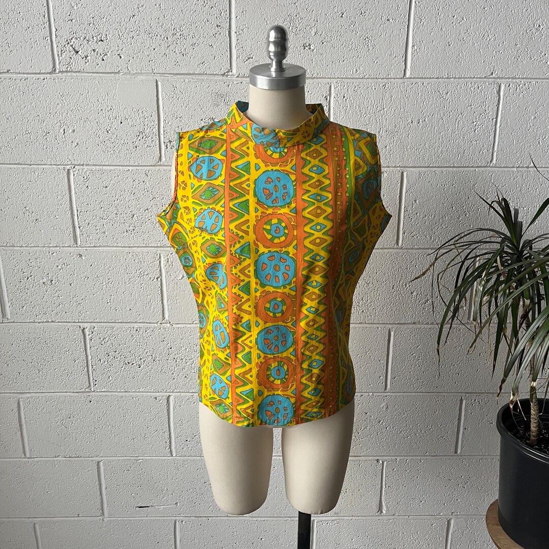 60s Vintage Orange Yellow Dayglow Abstract Cotton Mockneck Sleeveless ...