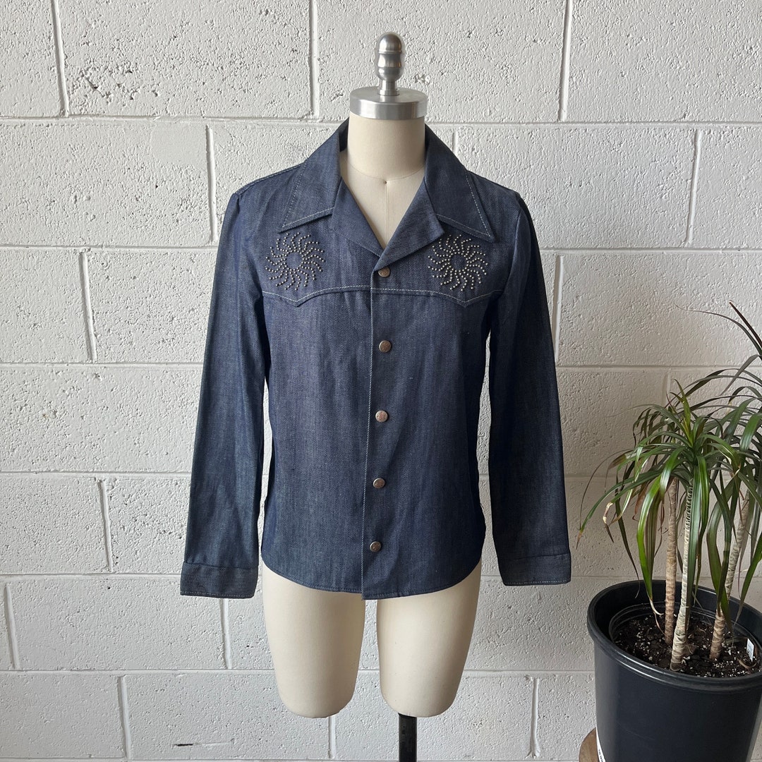 70s BILLY THE KID Dark Wash Denim Perma-prest Studded Sun Western Yoke ...