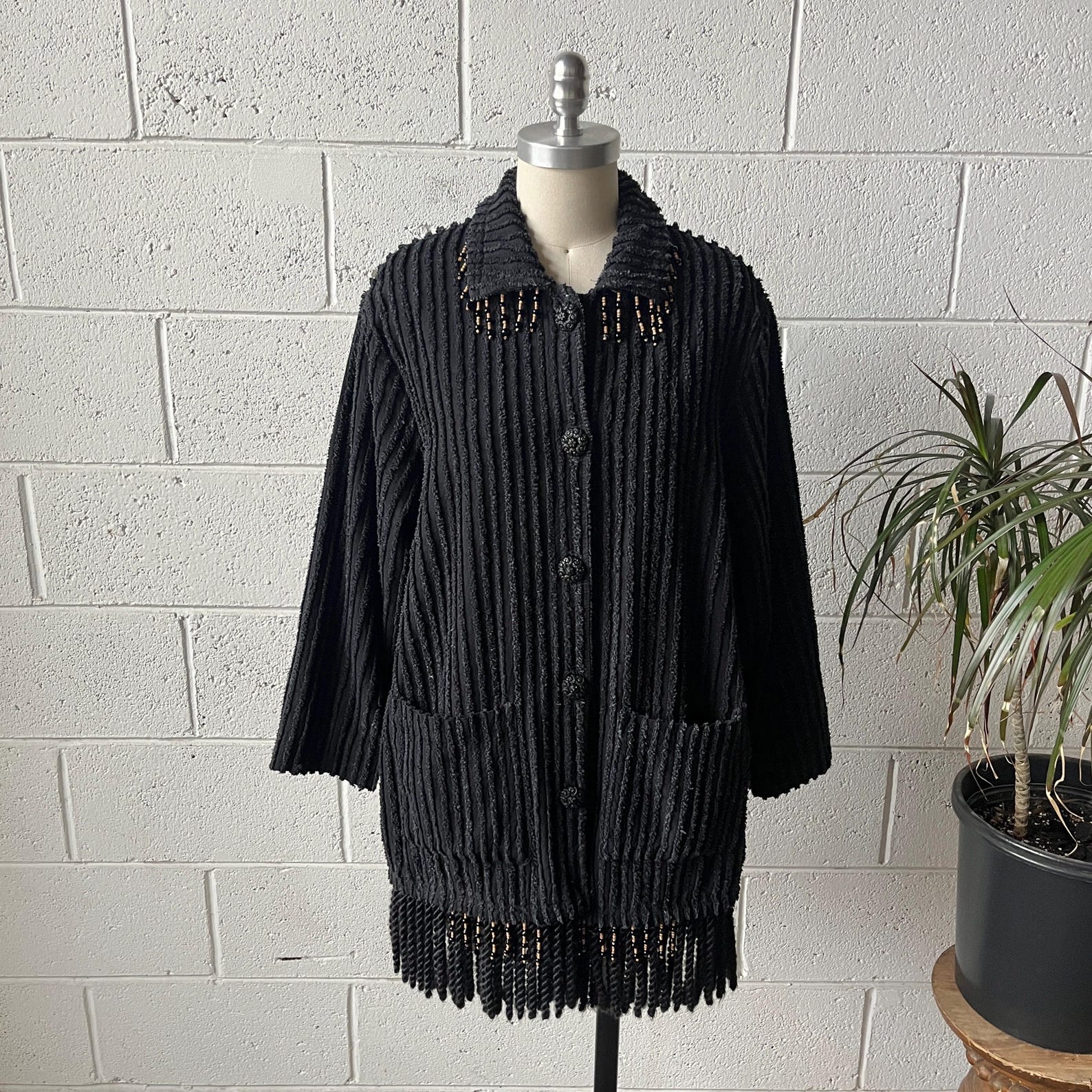 80s JUDY MYERS for Designer Times Black Striped Chenille Beaded Fringed ...