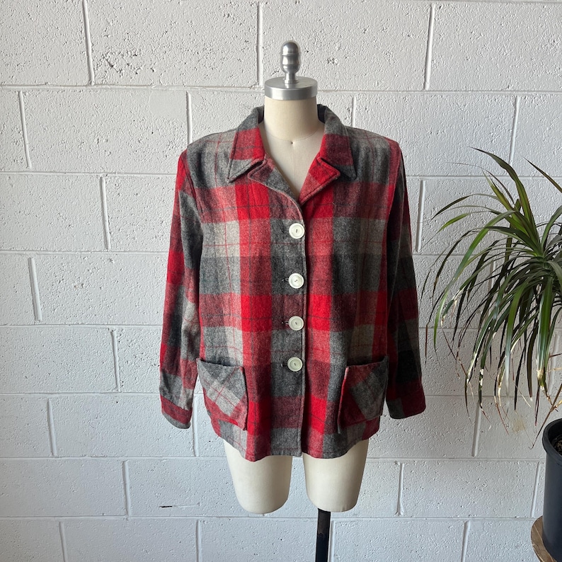 40s Vintage Red Grey Plaid Wool 49’er Button Front Shacket Sz L - Etsy