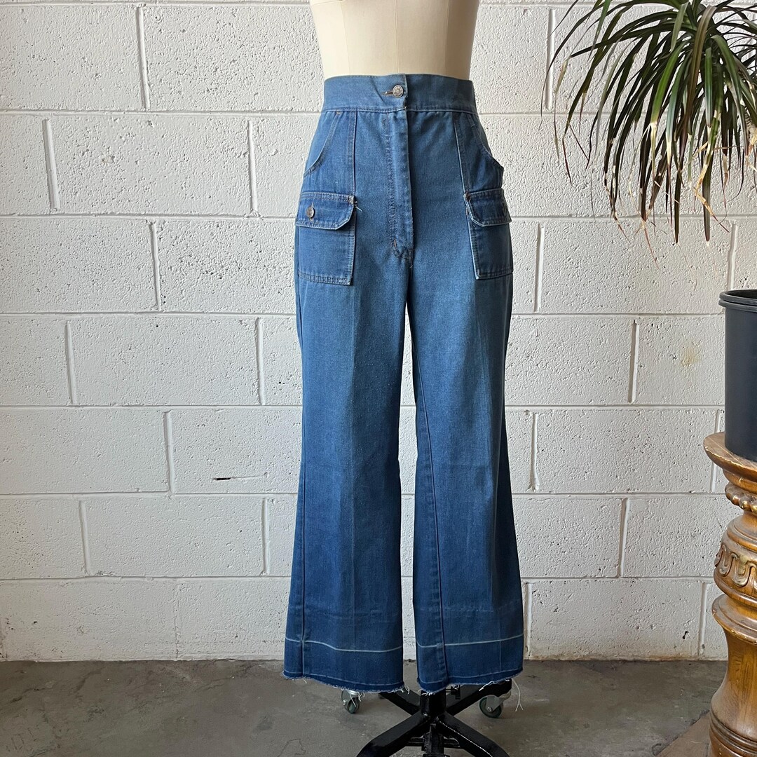 70s SEARS High Waisted Medium Wash Cotton Denim Cargo Raw Hem Flare ...