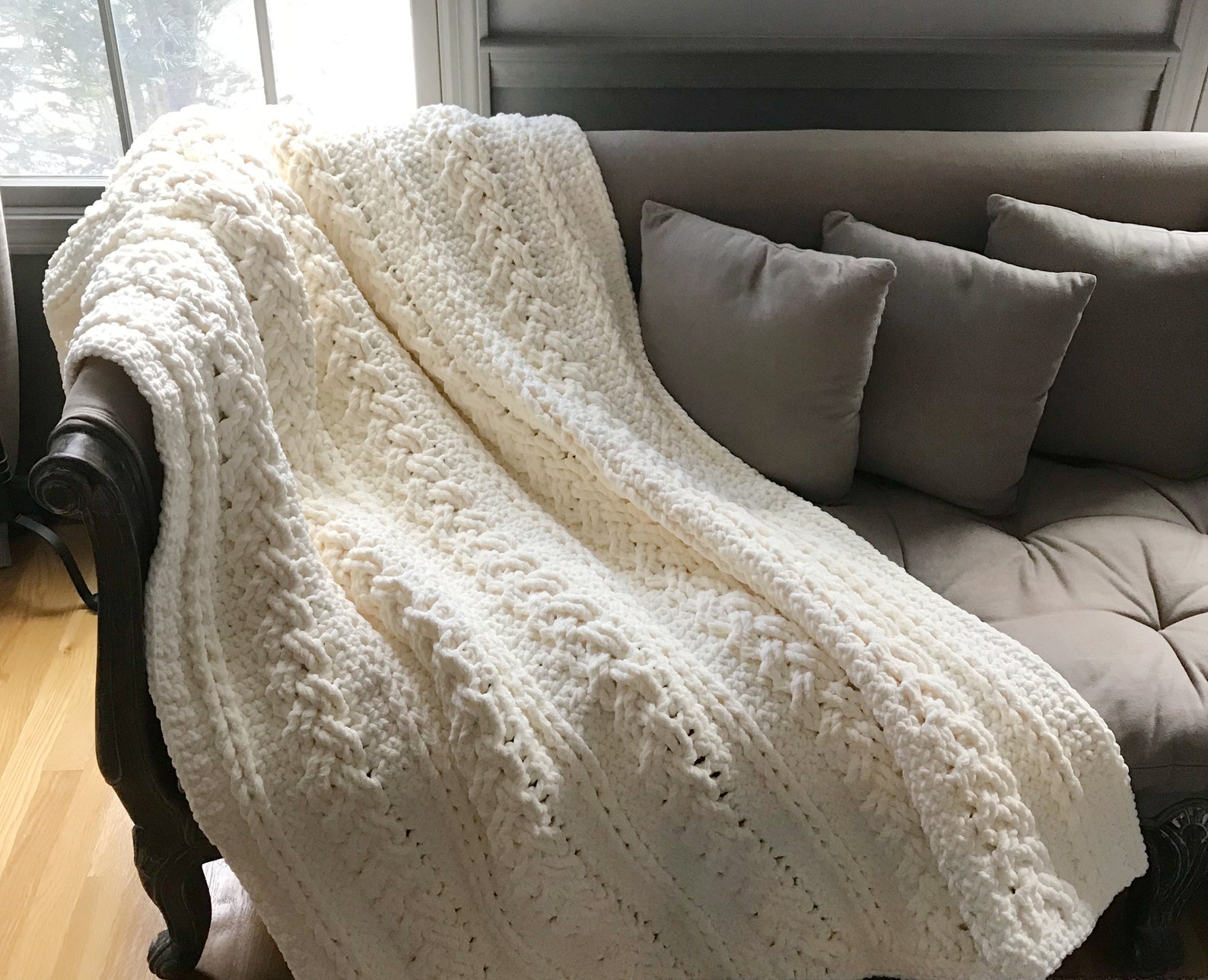 Chunky Throw Blanket, Cozy Large Crochet Blanket, Afghan, Double Cable ...