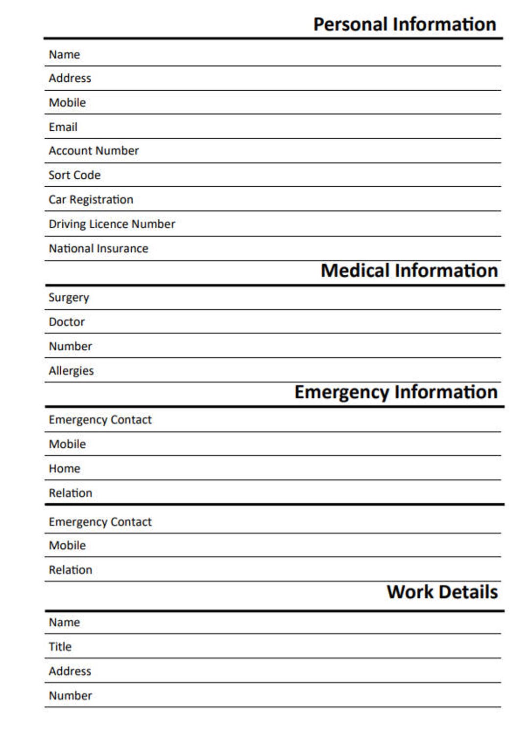 Filofax A5 Insert Download - Personal Information Page - Etsy