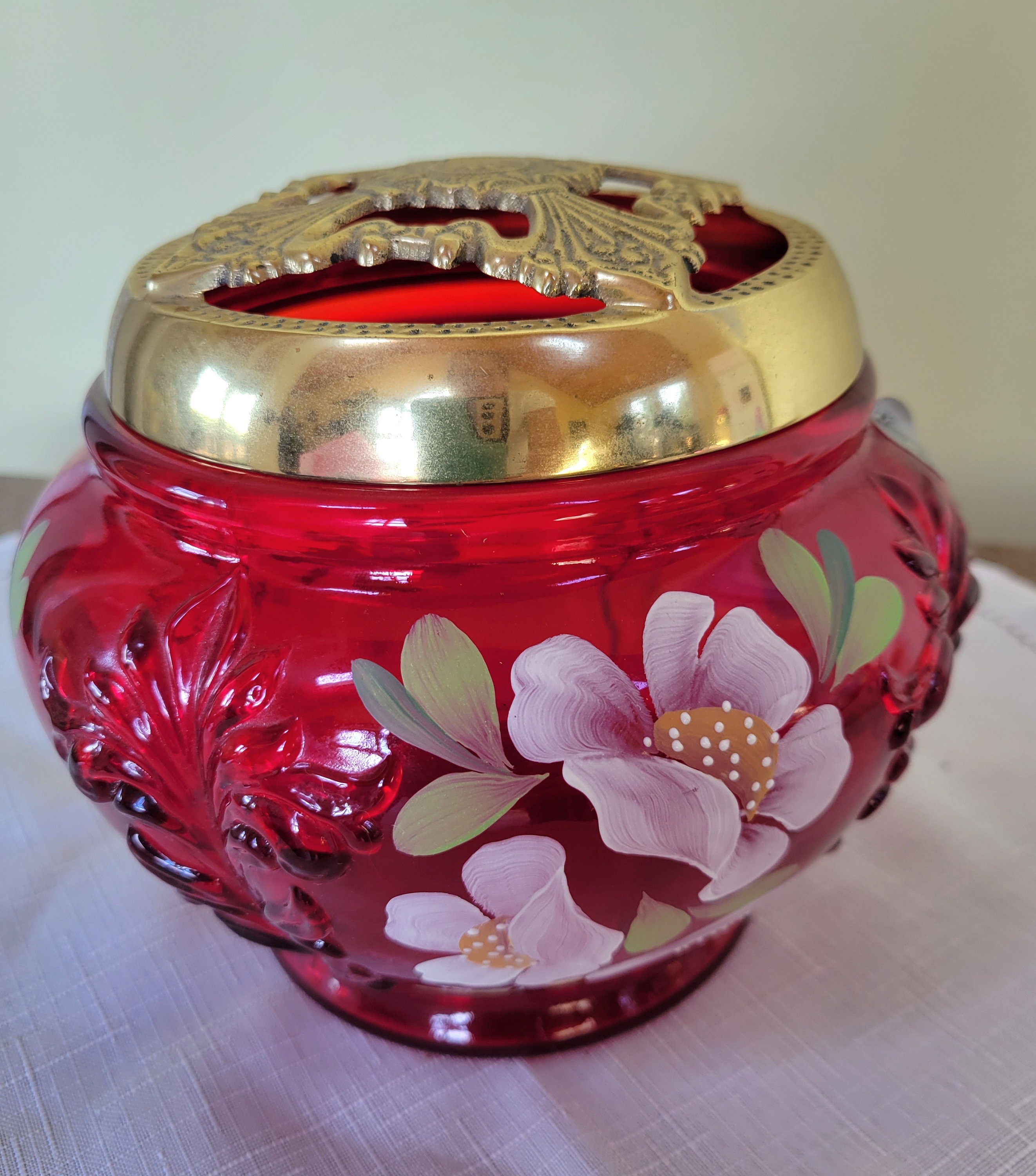 Vintage Fenton Ruby Red Hand Painted Floral Glass Bowl With - Etsy