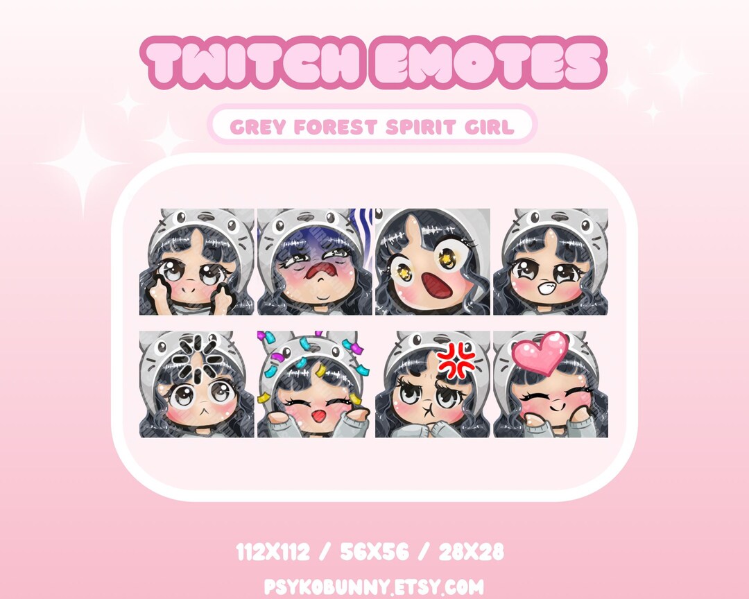 Chibi Girl Grey Forest Spirit Hat Twitch Emotes - Black Hair - Grey ...