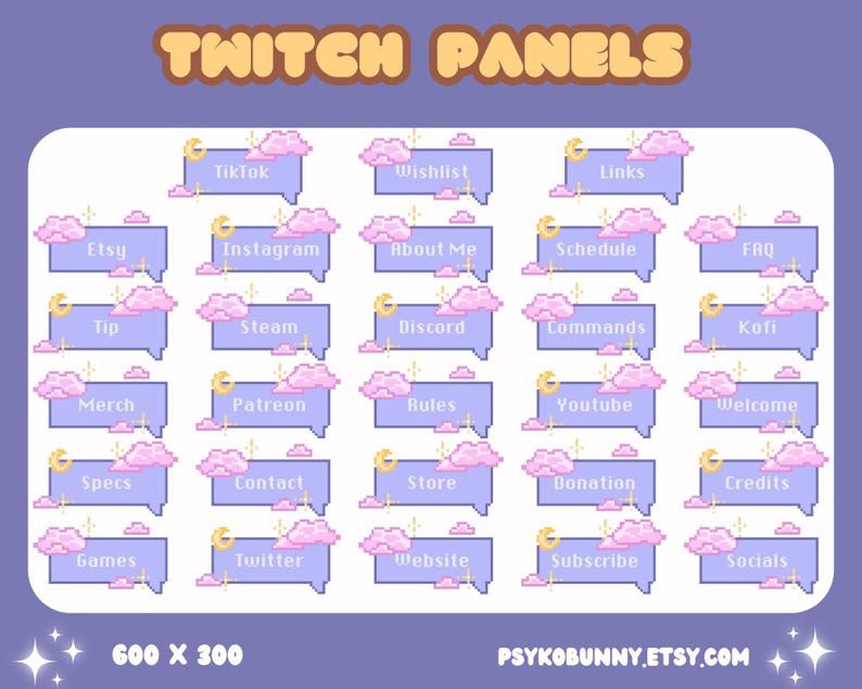 28x Pixel Dreamy Pastel Cloud and Moon Lofi Text Panels / Twitch ...