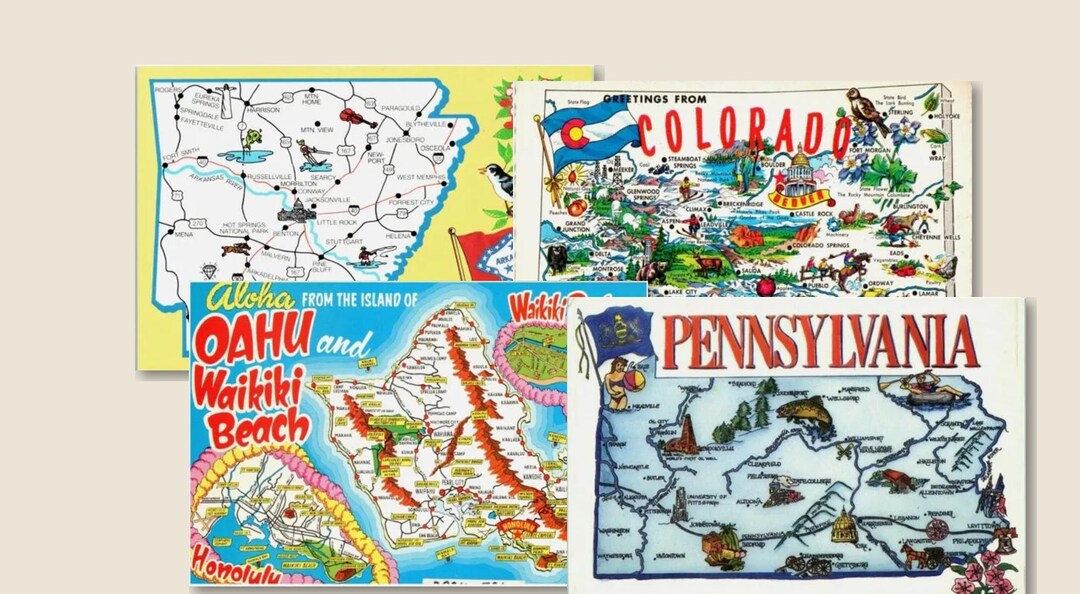 Vintage State Map Postcards Bundle 17 Printable Cartoon USA Maps Travel ...