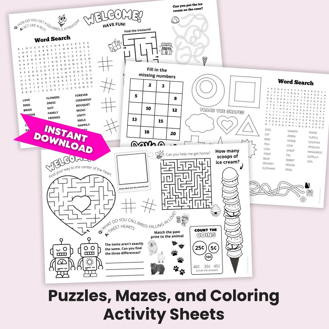 Kids Wedding Activity, Fun Printable Coloring and Puzzle Pages, Party ...