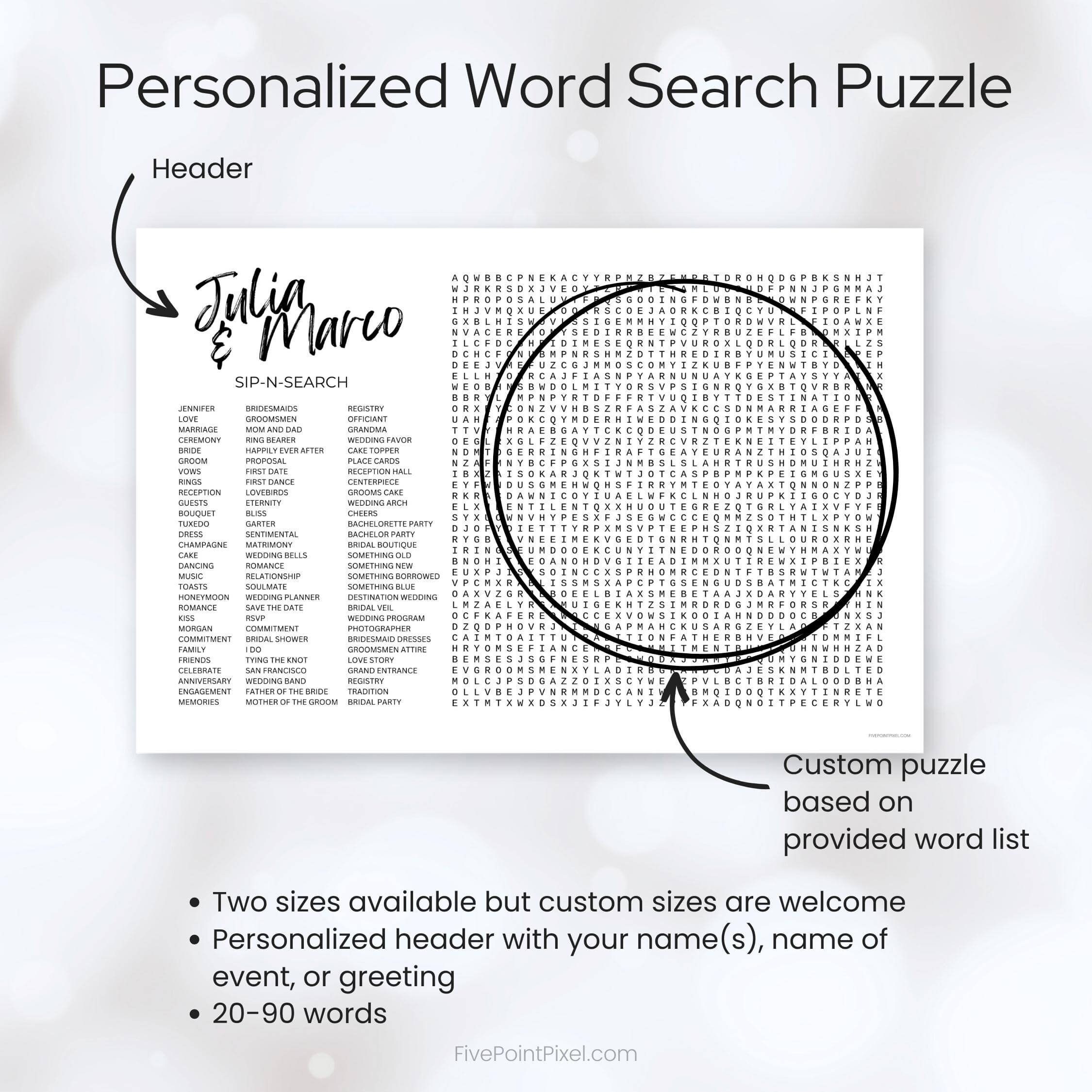 Personalized and Custom Word Search Puzzle, Activity for Weddings ...