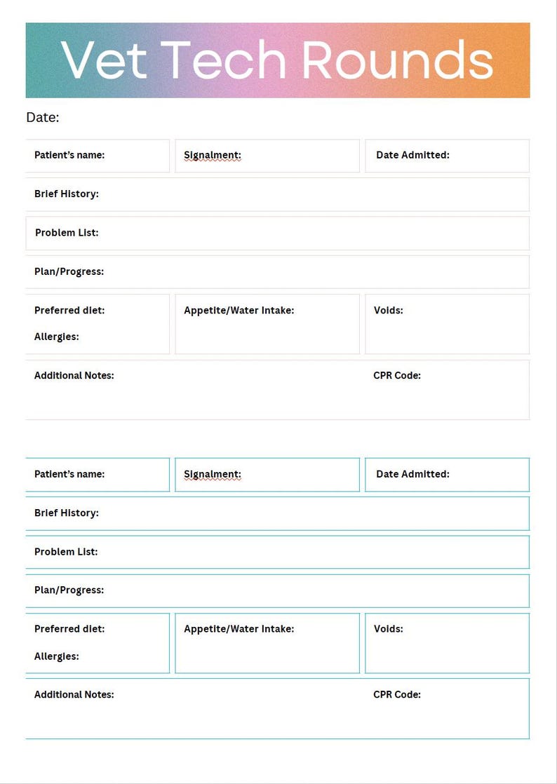 Vet Tech Patient Rounds Form ER Veterinary Hospital Summary - Etsy