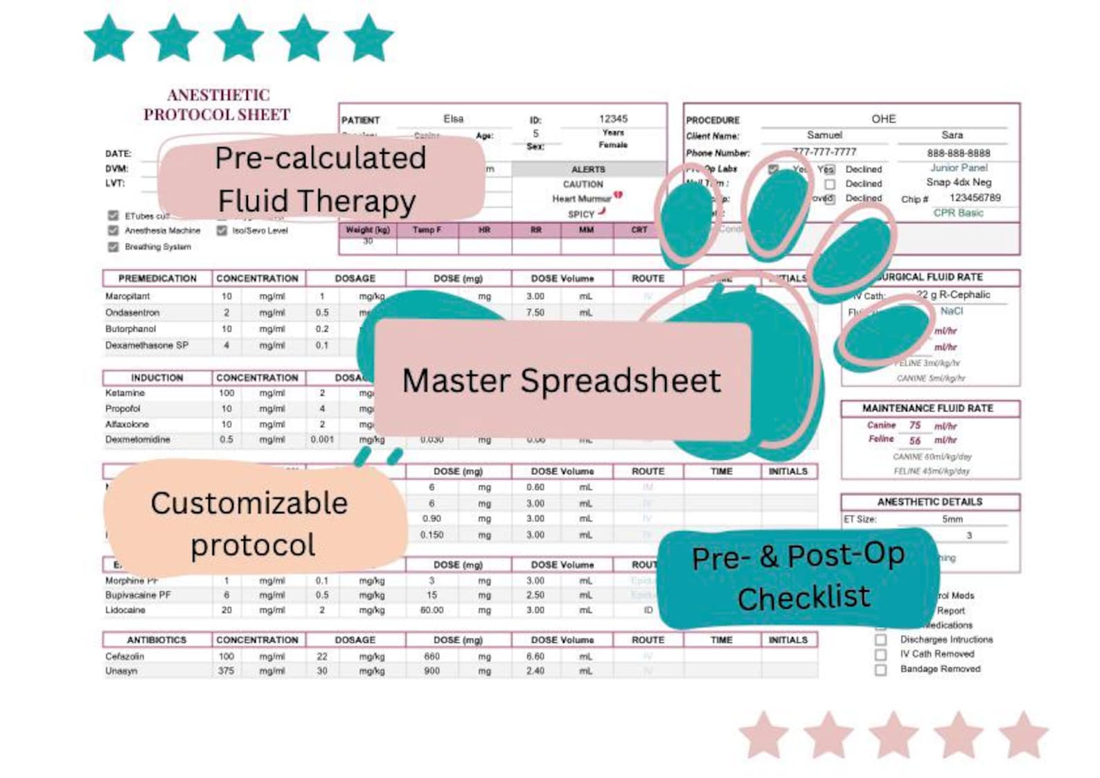 Veterinary Anesthetic Sheets : Auto-calculated (editable Template ...