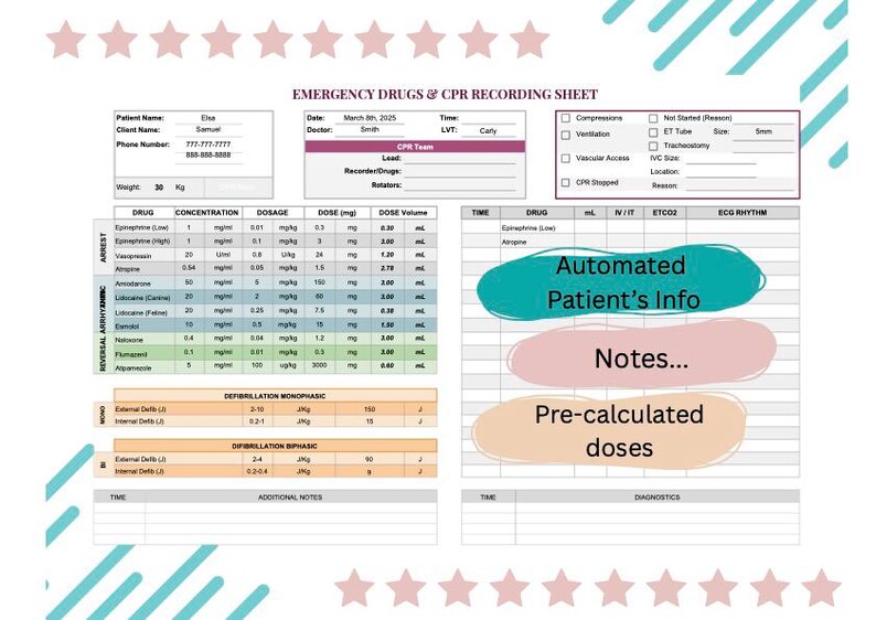 Veterinary Anesthetic Sheets : Auto-calculated (editable Template ...