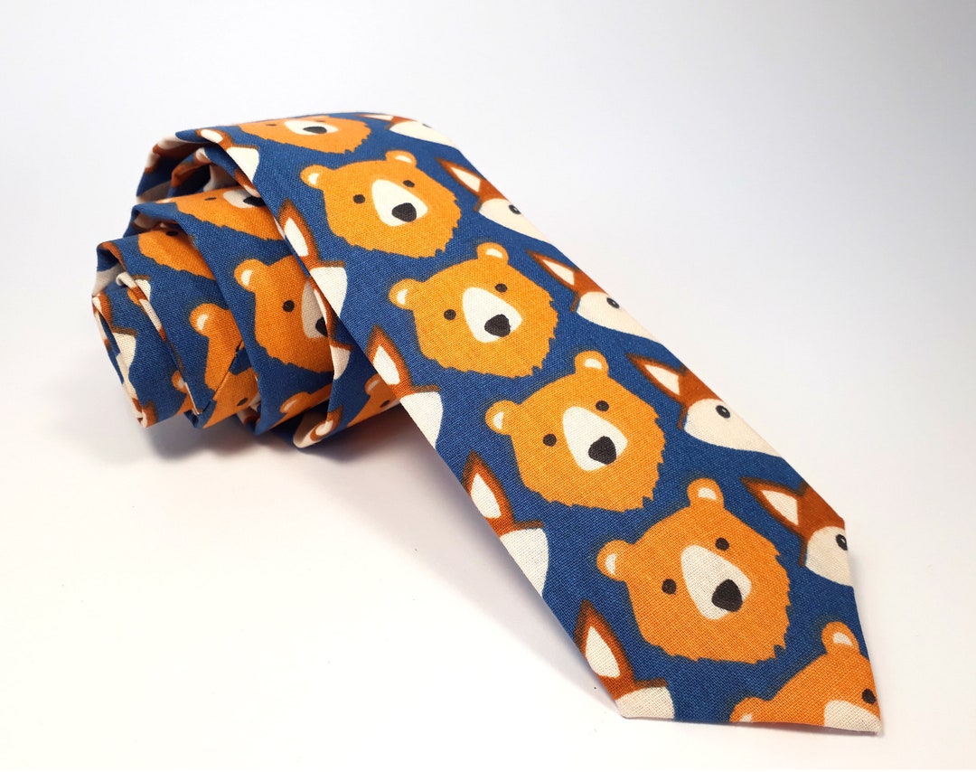Blue Bear Fox Print Skinny Tie - Handmade Cotton Men's Necktie - Etsy