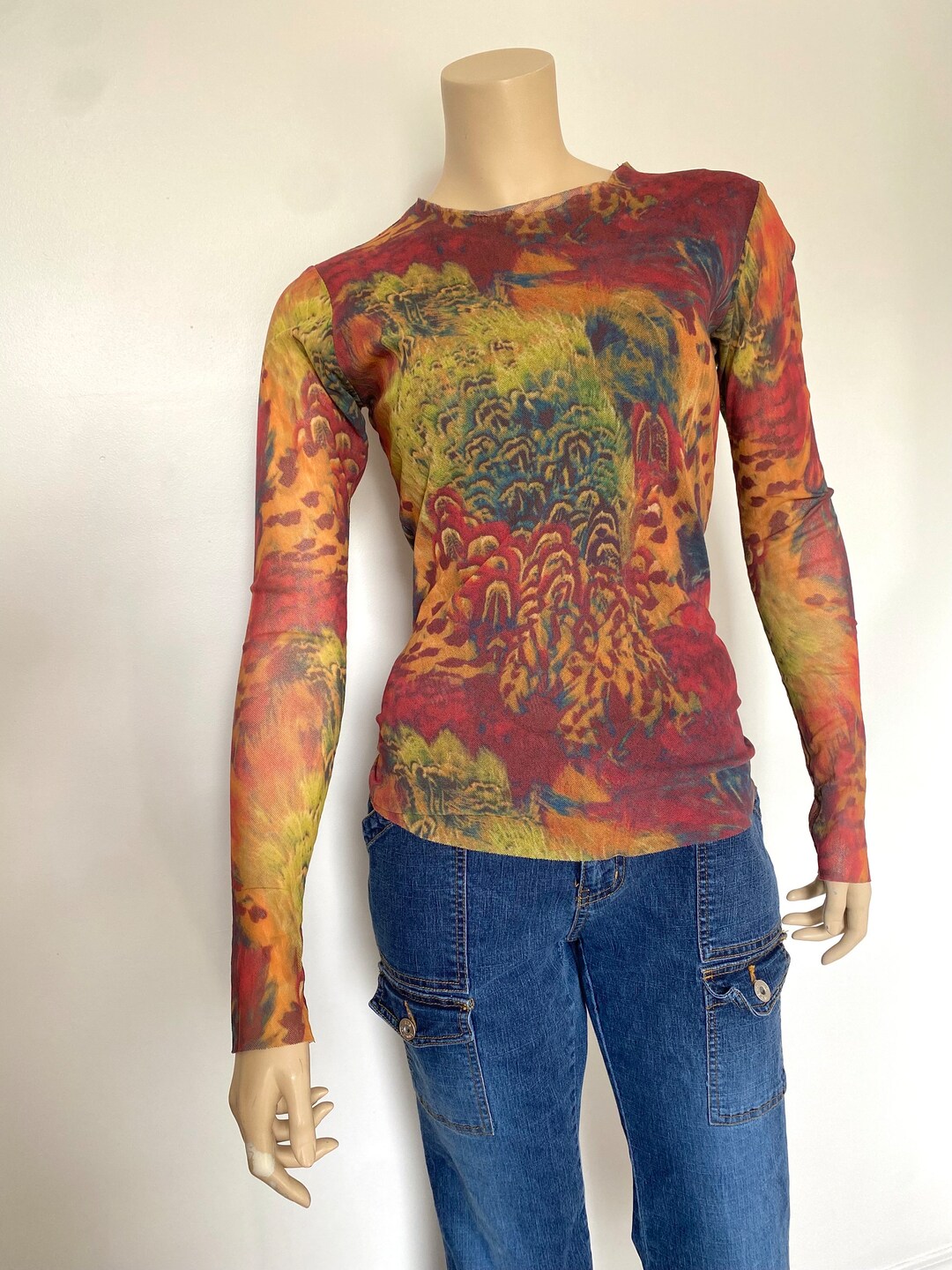 Petit Pois by Viviana G. Earthtone Mesh Long Sleeve Feathered Tie-dye Shirt - Etsy
